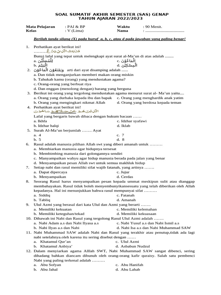 Soal SAS Agama Sem. 2 Kls 5 | PDF