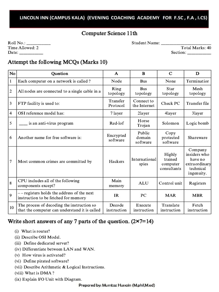 11th Grade Computer Science MCQs & Answers | PDF | Network Topology | Computer Network