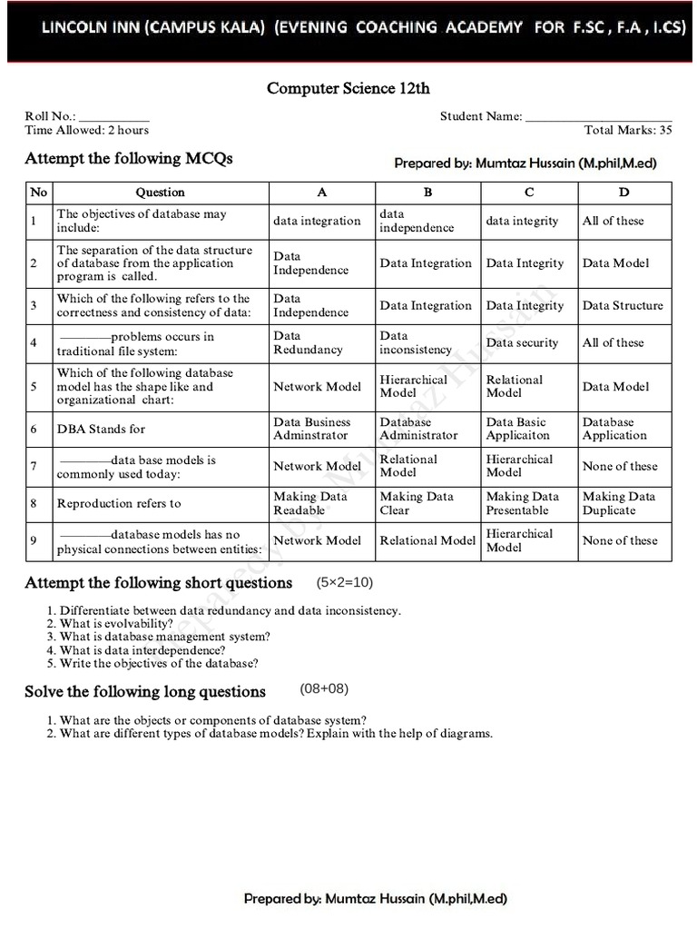 Computer Science 12th - 07-01-2025-090250996 | PDF | Databases | Data Model