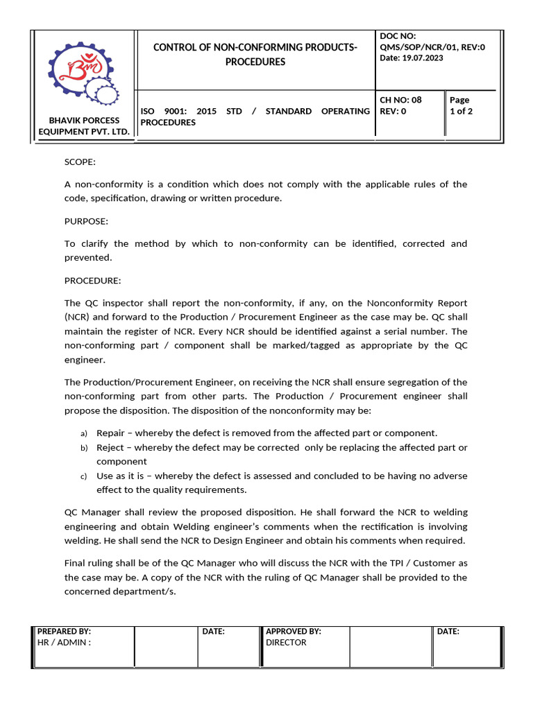 08 NCR, Control of NCR Procedures | PDF