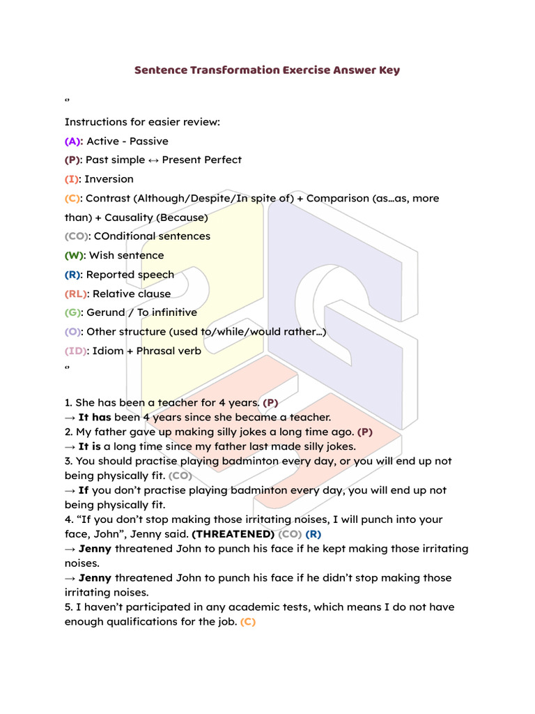 [ 2SG GEN 4 ] Sentence Transformation Answer Key | PDF | Grammar