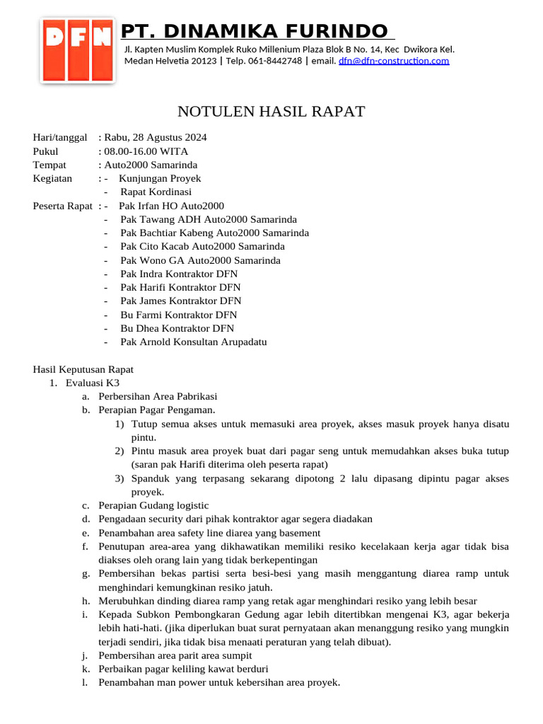 Rapat K3 dan Proyek DFN 2024 | PDF