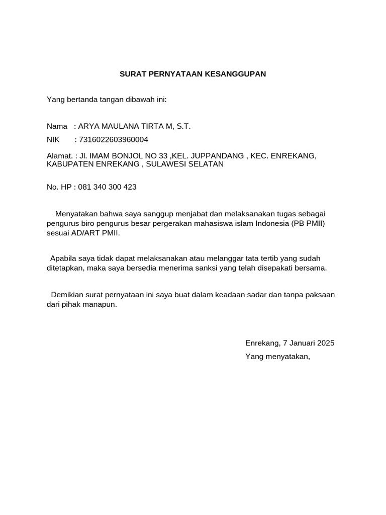 Surat Pernyataan Kesanggupan PB PMII | PDF