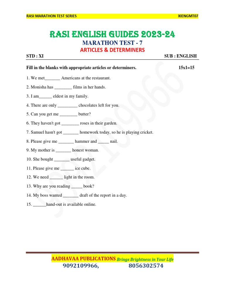 Articles and Determiners QA With Answers | PDF