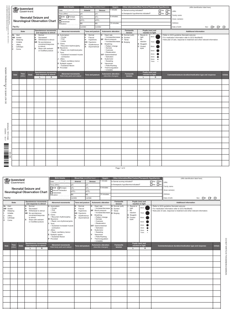 Neonatal Seizure and Neurological Observation Chart | PDF | Medical ...