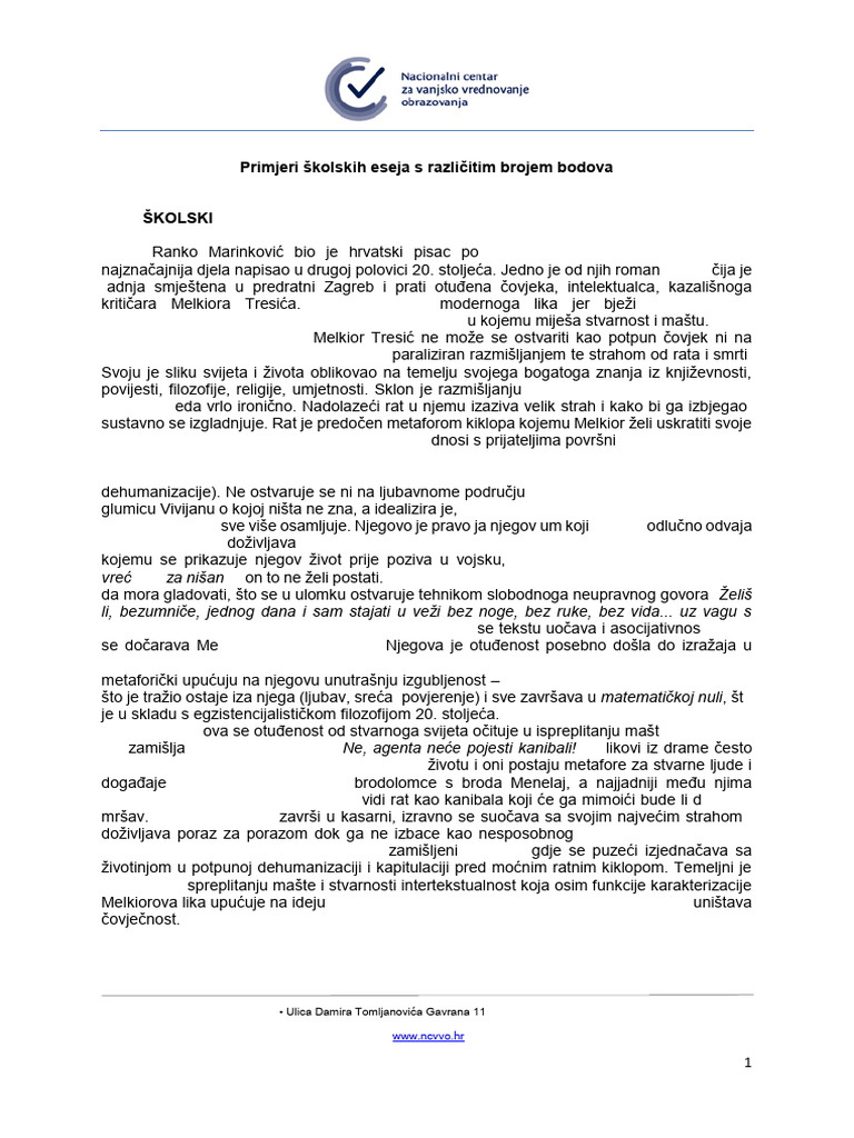 HRVATSKI JEZIK Probni Ispit 2024.-2025. Primjeri Školskih Eseja S Brojem Bodova | PDF