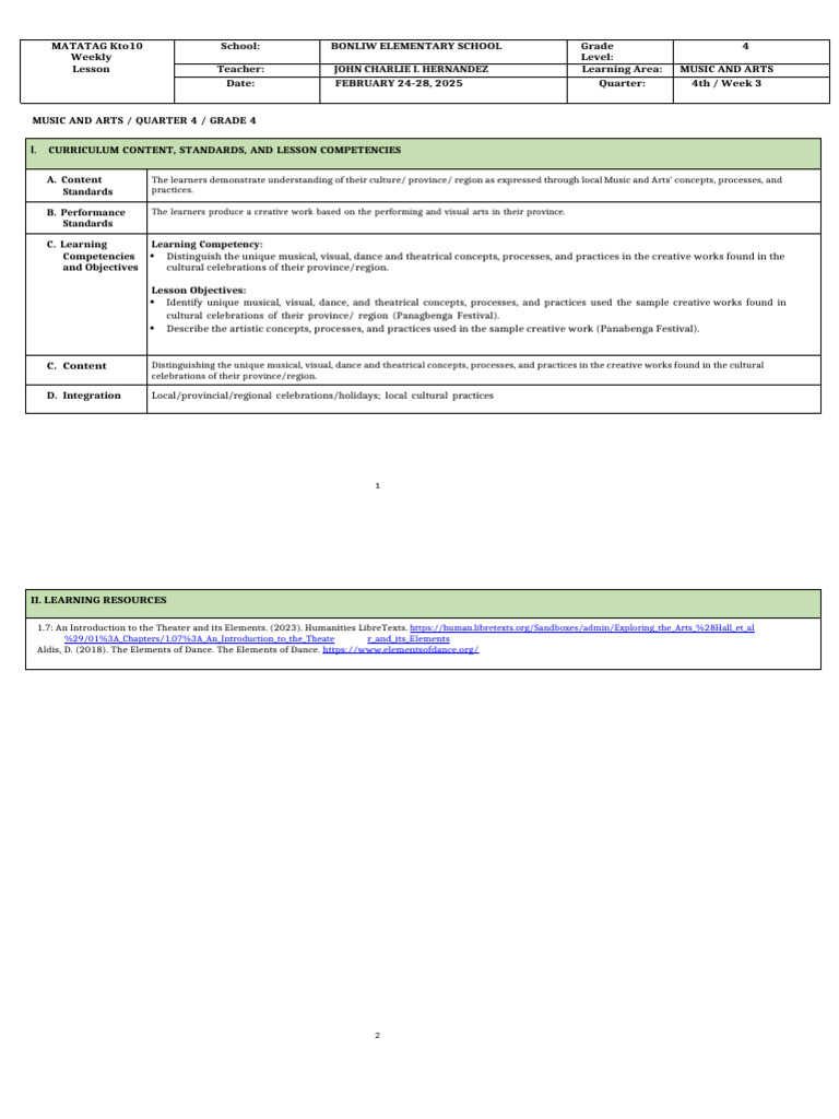 Grade 4 Music and Arts Lesson Plan | PDF | Dances | Learning
