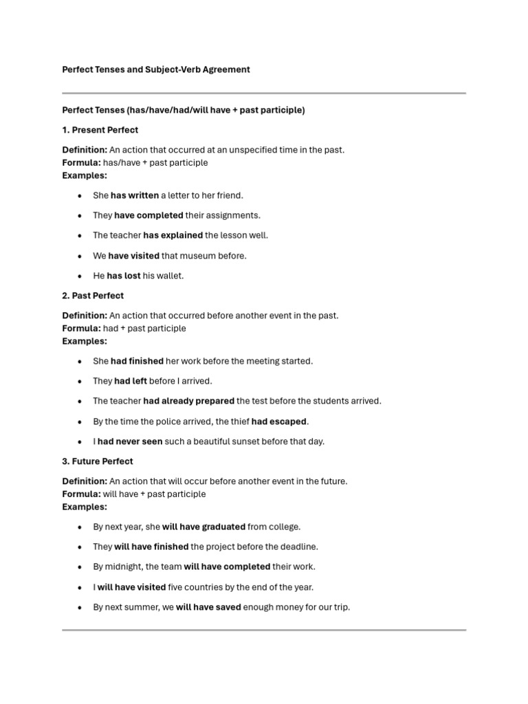 Perfect Tenses & Subject-Verb Agreement Guide | PDF | Grammatical ...