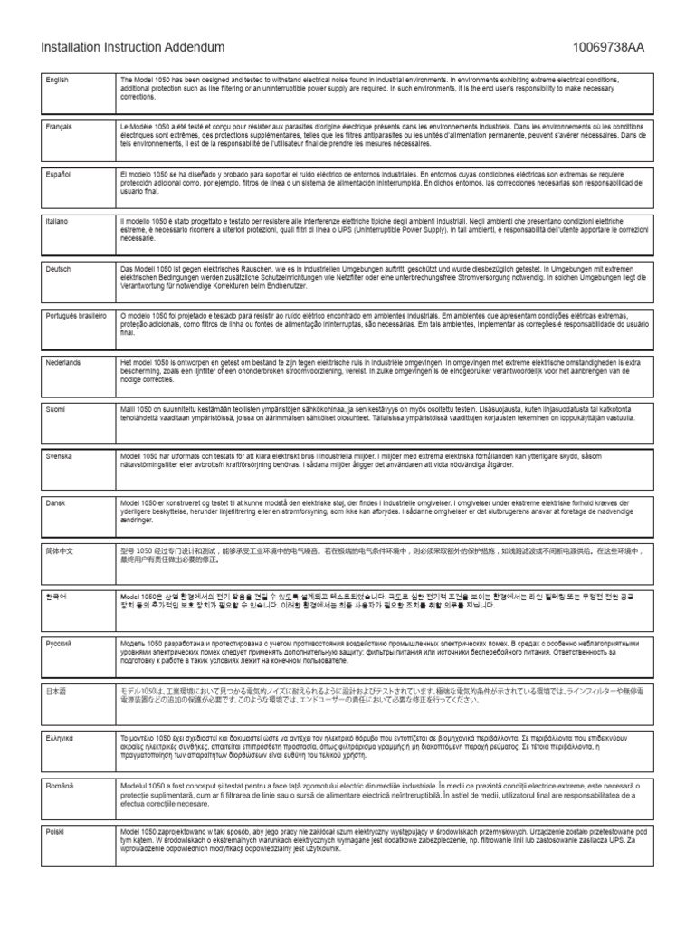 1050 10069738 Installation Instruction Addendum | PDF