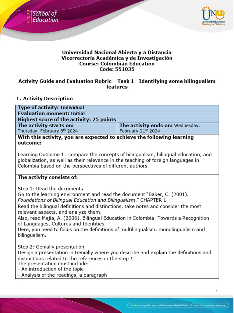 Activity Guide and Evaluation Rubric - Unit 1 - Task 1 - Identifying Some Bilingualism Features ...