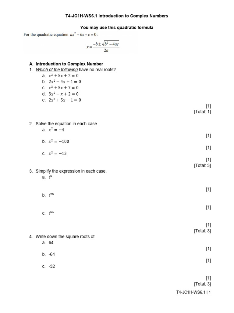 Introduction to Complex Numbers Worksheet | PDF | Quadratic Equation ...