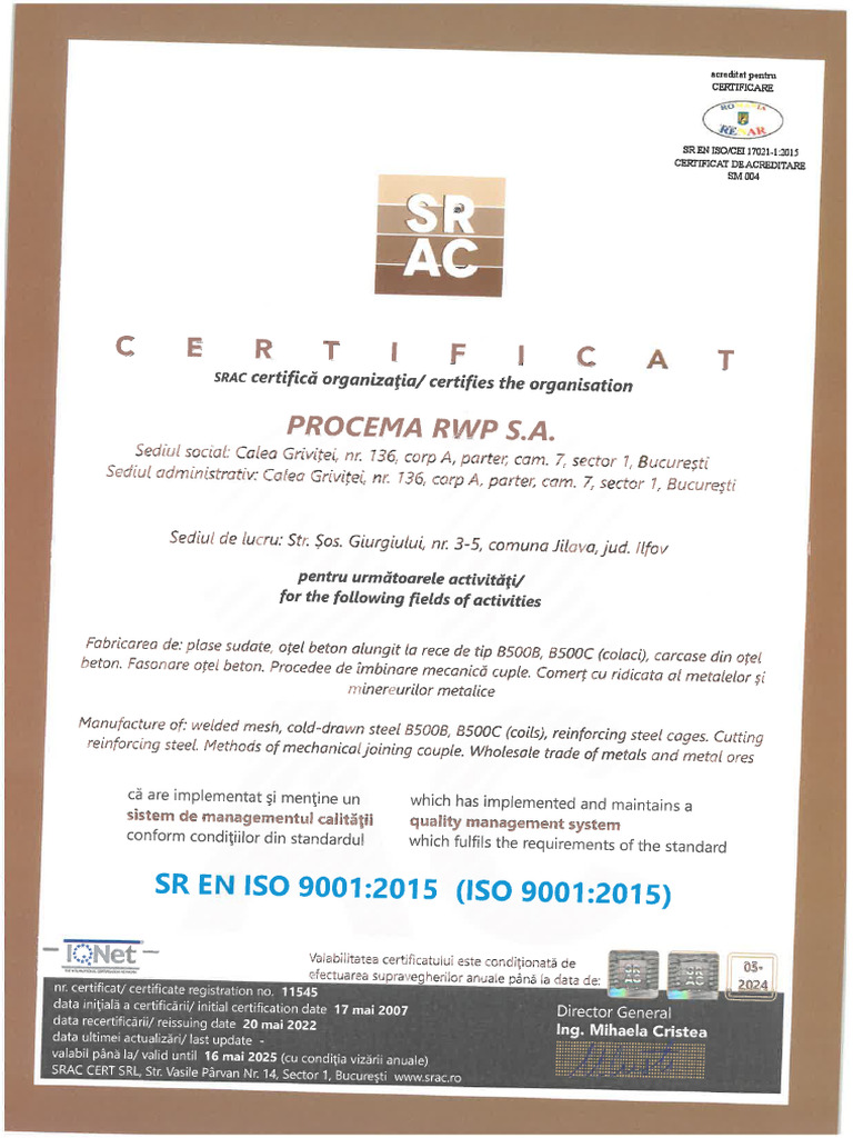 1. Certificat ISO 9001 PROCEMA RWP. | PDF