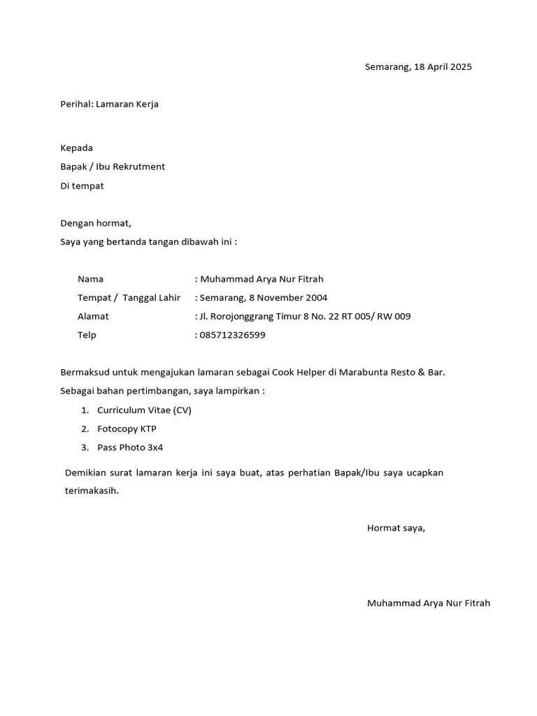 Surat Lamaran Kerja Arya - Marabunta | PDF