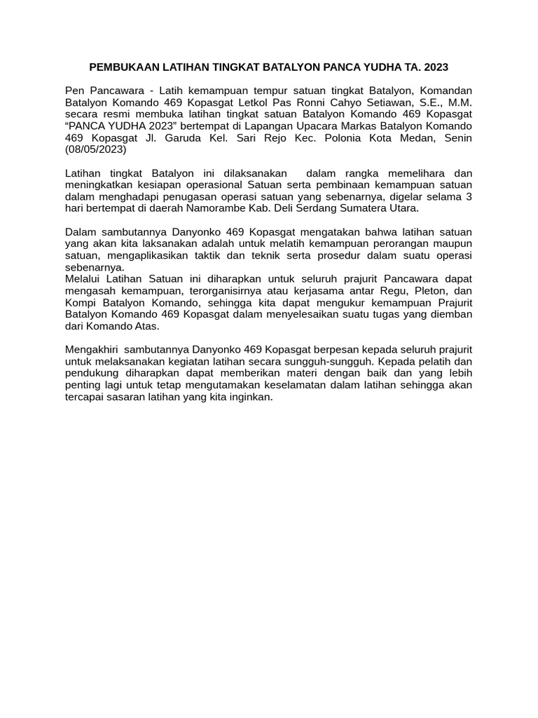 Pembukaan Latihan Tingkat Batalyon Panca Yudha TA. 2023 | PDF