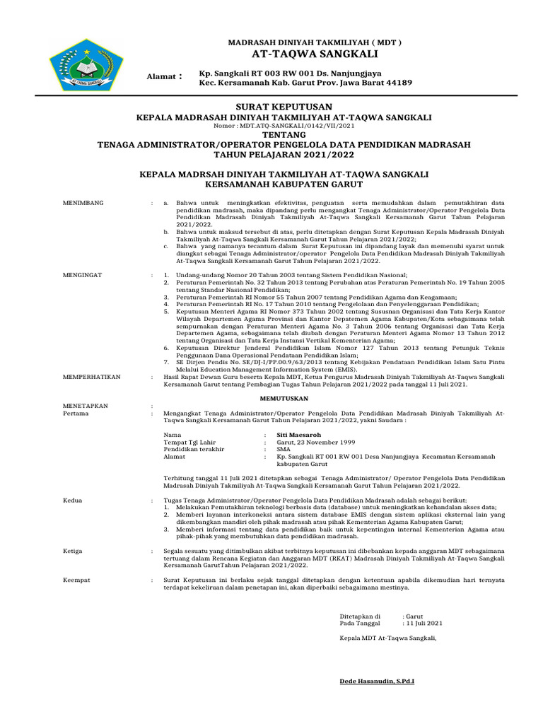 Contoh SK Operator MDT | PDF