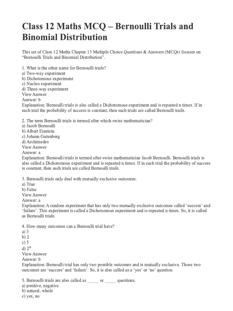 Bernoulli Trials and Binomial Distribution MCQ | PDF | Statistical Theory | Probability Theory