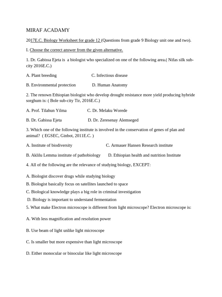 Grade 12 Biology Worksheet 2017E.C. | PDF | Cell (Biology) | Eukaryotes