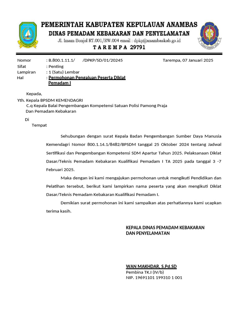Surat Permohonan Peserta Diklat TA 2025 | PDF