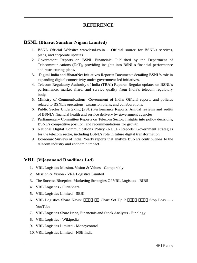 BSNL and VRL Logistics Reports Overview | PDF | Economy Of India ...