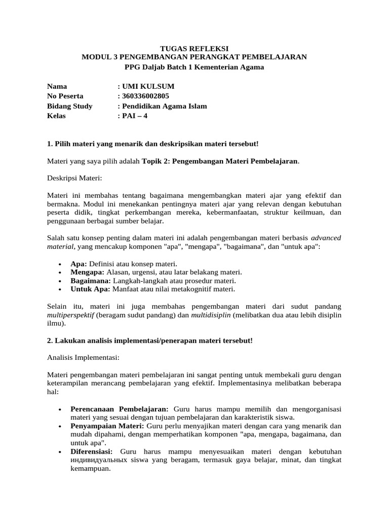 TUGAS REFLEKSI Umi Kulsum Modul PPP | PDF