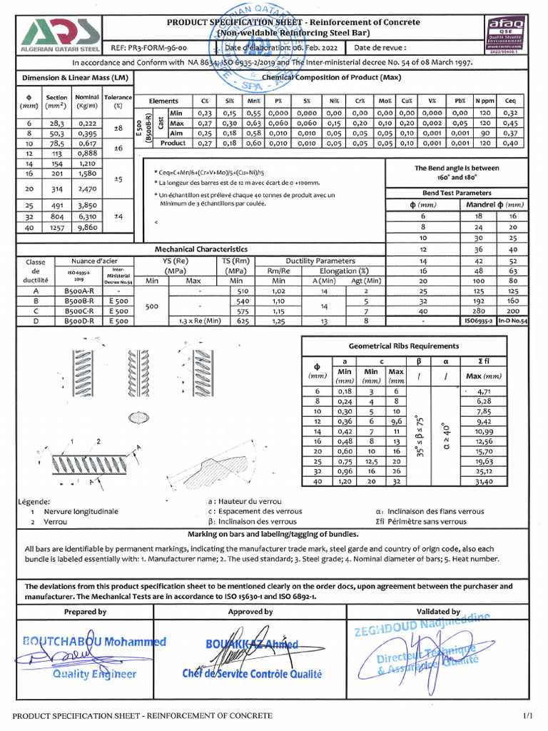 Reinforcing Steel Bar Product Specification Sheet | PDF