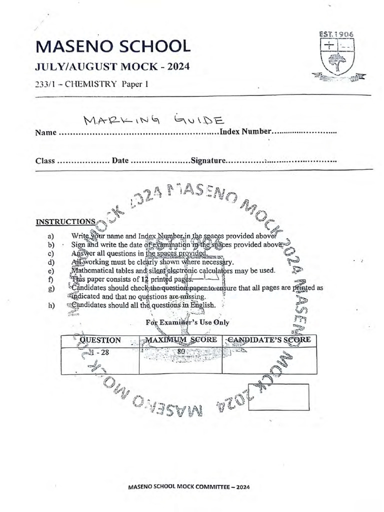 2024 Maseno Mock Chem PP1 Marking Scheme 2024 Mock | PDF
