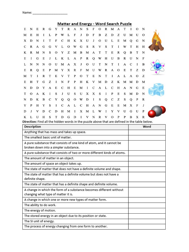 Matter and Energy - Word Search Puzzle | PDF | Matter | Chemical Substances