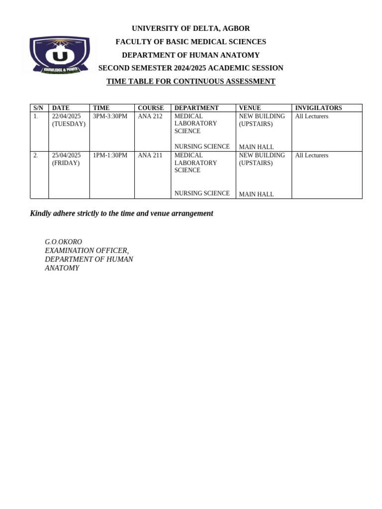 Time Table For Continous Asssessment second semester_110446 | PDF