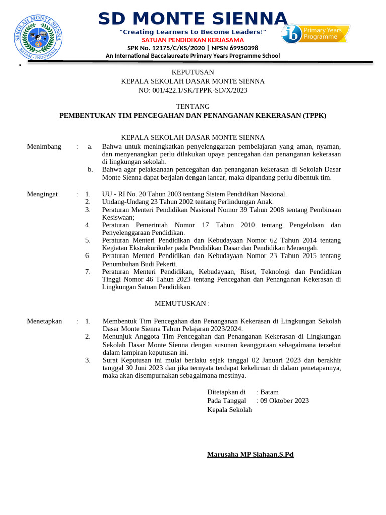 Pembentukan Tim Pencegahan Dan Penanganan Kekerasan (TPPK) | PDF