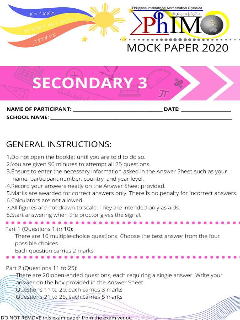PHIMO 2020 S3 Mock Exam Questions | PDF | Area | Square Root