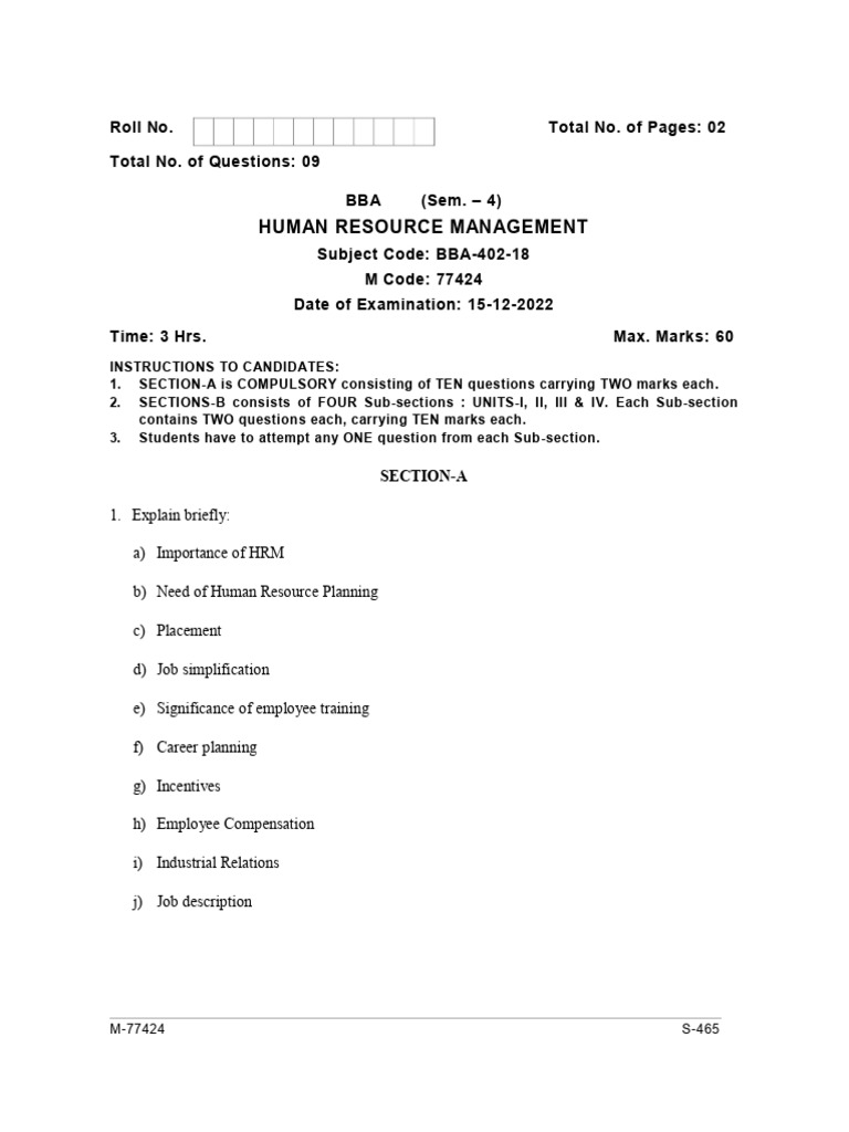 BBA HRM Exam Paper - Dec 2022 | PDF