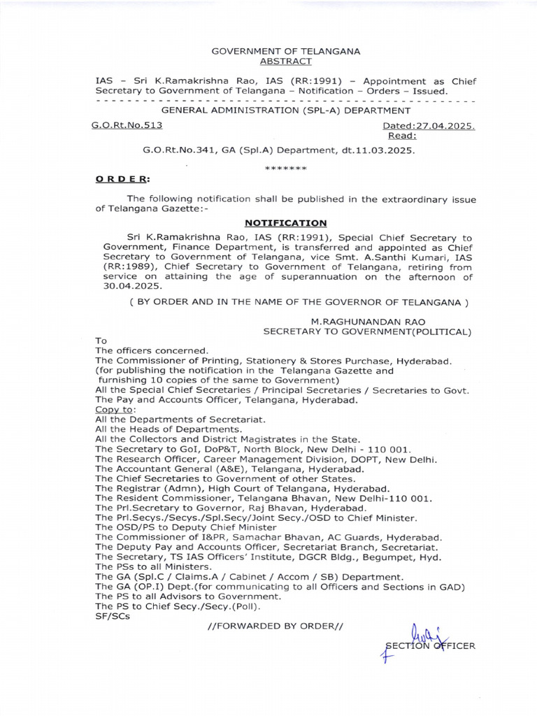 G.O.513 - Appt. of K.Ramakrishna Rao, IAS As Chief Secretary | PDF ...