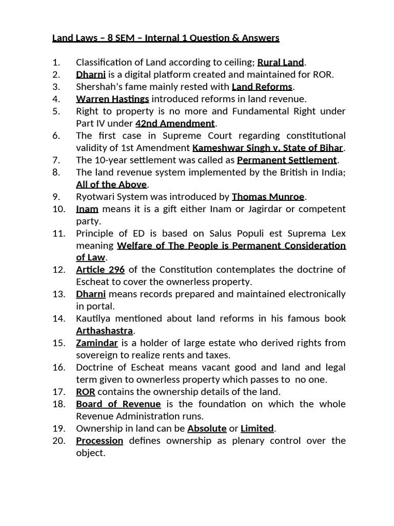 Land Laws - 8 SEM - Internal 1 Question & Answers - Shared in The Group ...