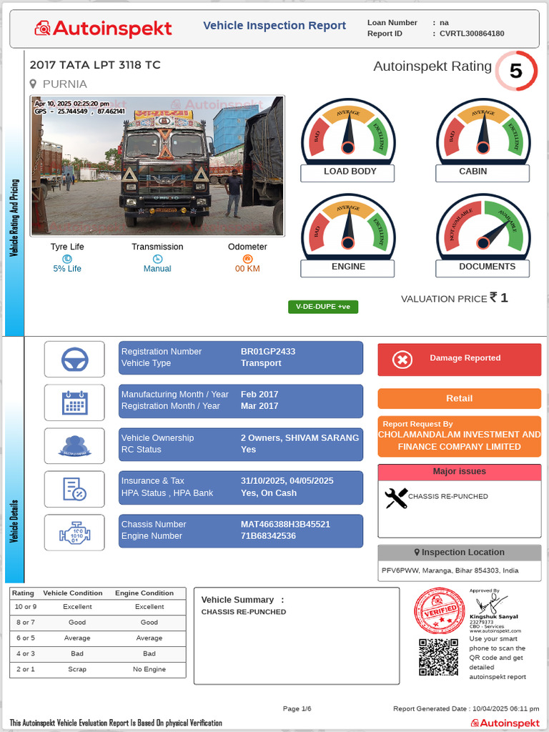 TATA LPT 3118 TC Vehicle Inspection Report | PDF | Truck | Valuation ...