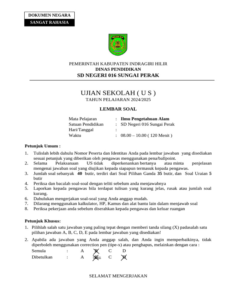 Naskah Soal Us SD Ipa | PDF