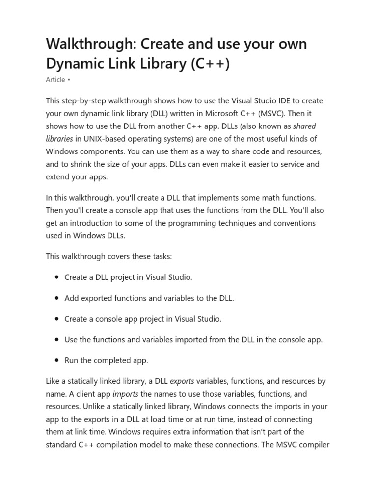 Walkthrough - Create and Use Your Own Dynamic Link Library (C++) - Microsoft Lear | PDF | C++ ...