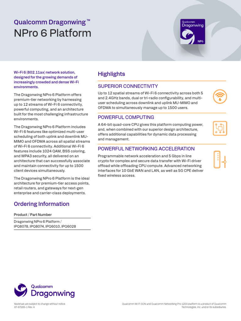 87-87285-1 REV A Qualcomm Dragonwing NPro 6 Platform Product Brief | PDF | Wi Fi | Ieee 802.11