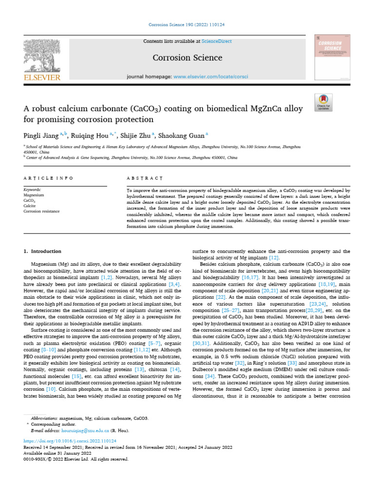 A Robust Calcium Carbonate (CaCO3) Coating On Biomedical MgZnCa Alloy ...