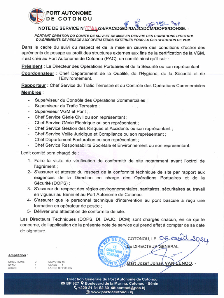 Note 0344 24 Personnel Pac Creation Du Comite de Suivi - Certification ...