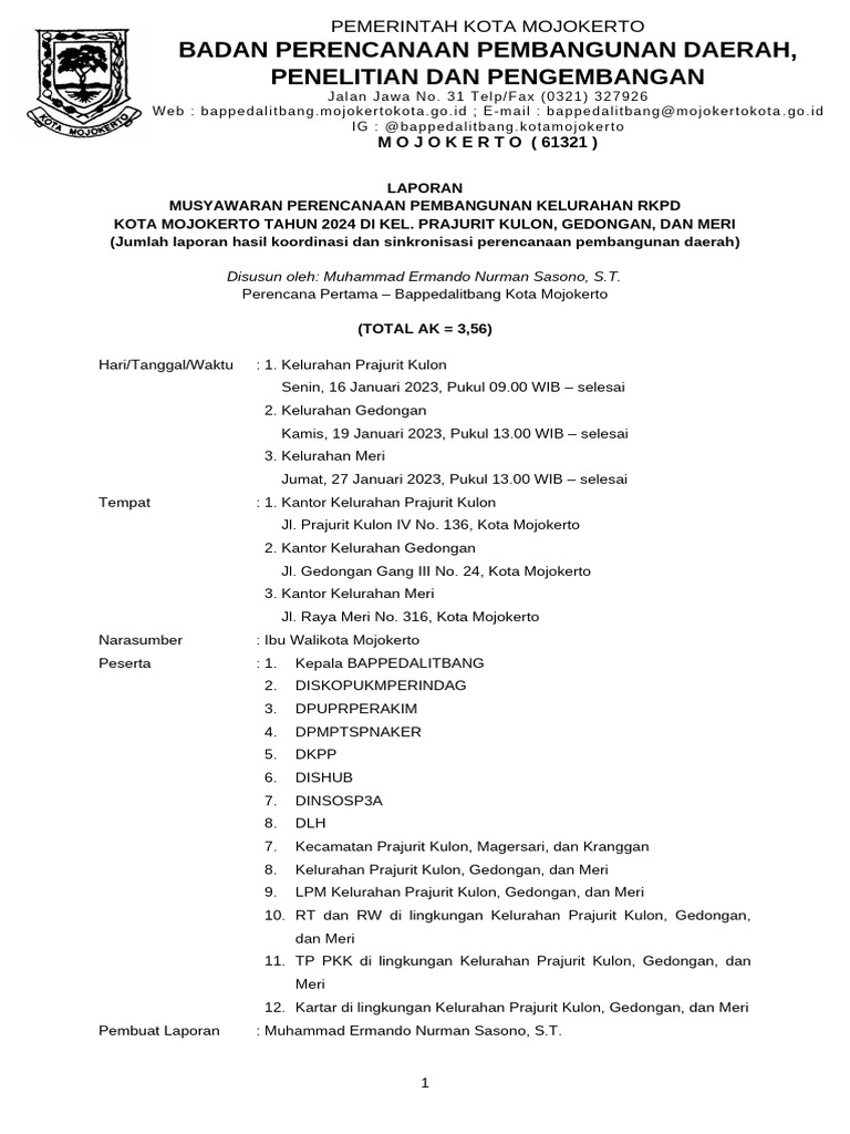 Laporan Pelaksanaan Musrenbang Kelurahan RKPD Kota Mojokerto Tahun 2024 ...