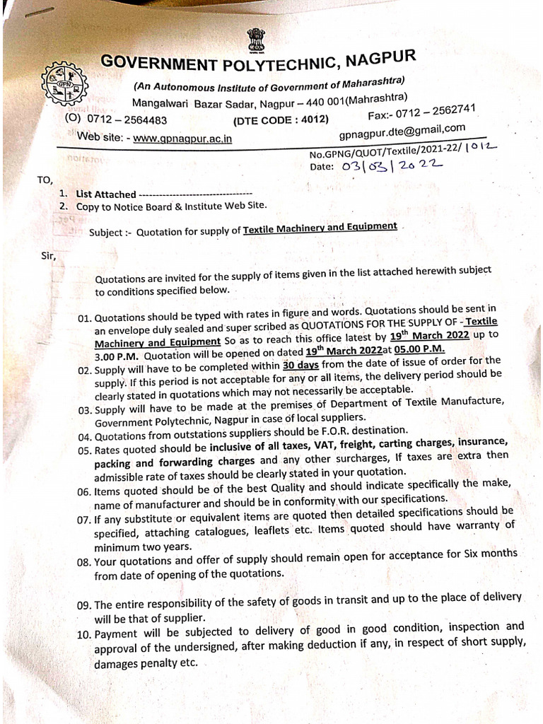 Quotation For Textile Equipments | PDF