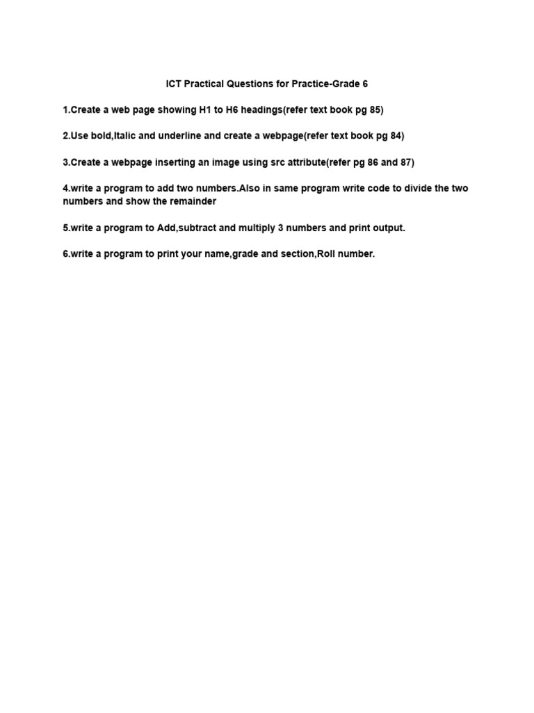 ICT PRactical Questions For Practice - Grade 6 | PDF