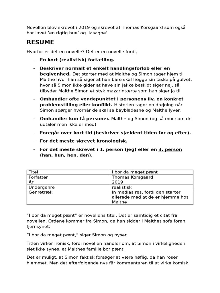 Novelle Analyse - I Bor Da Meget Pænt | PDF