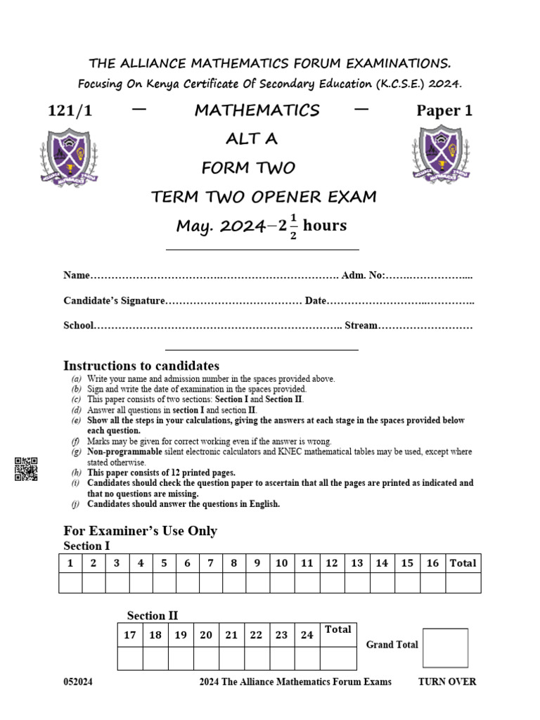 Alliance Form 2 Mathematics PP2 QS | PDF | Mathematics