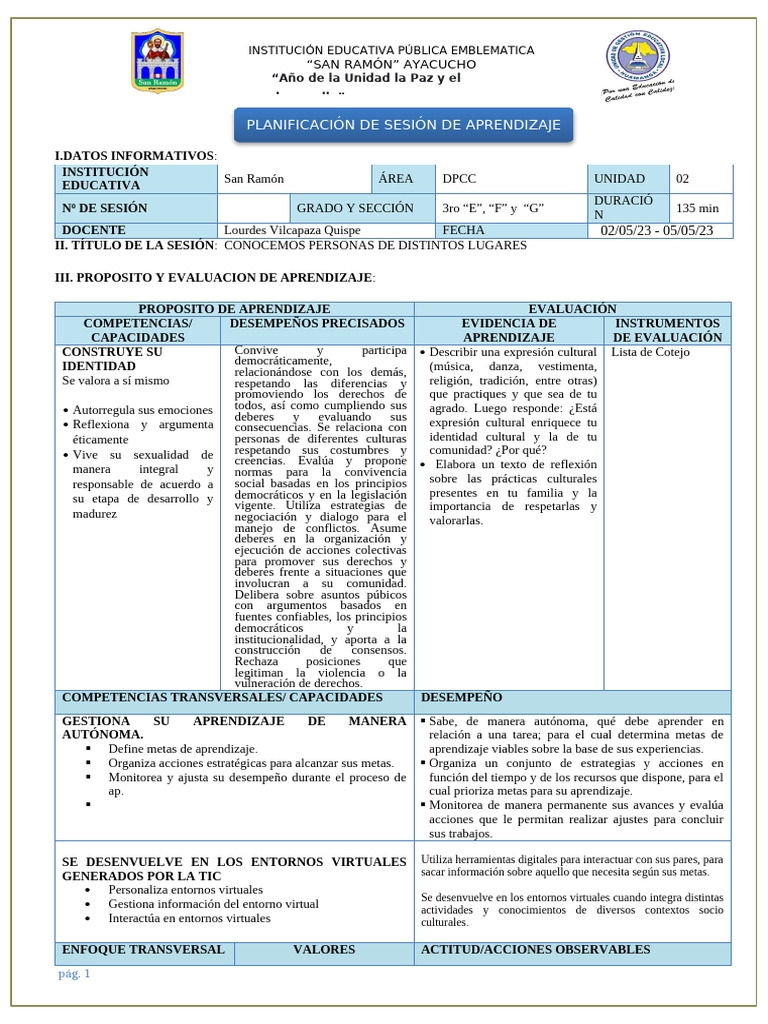 SESIONES N° 2 UNIDAD 2 3RO DPCC | PDF | Aprendizaje