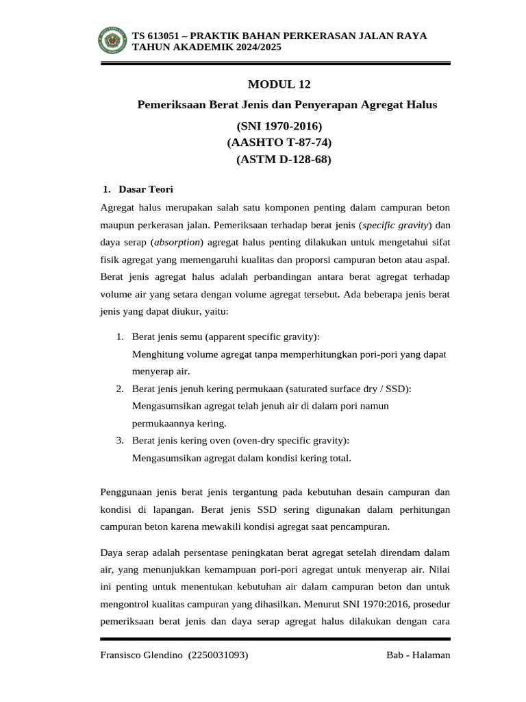 Uji Berat Jenis dan Penyerapan Agregat Halus | PDF