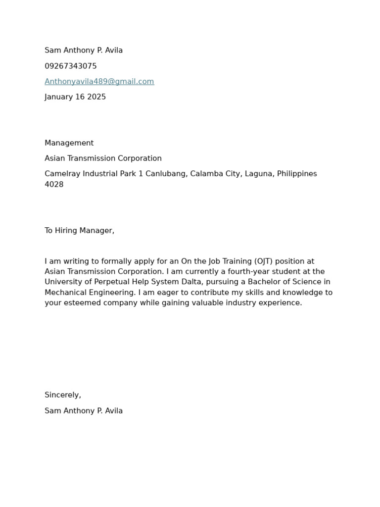 OJT Application for Asian Transmission Corp | PDF