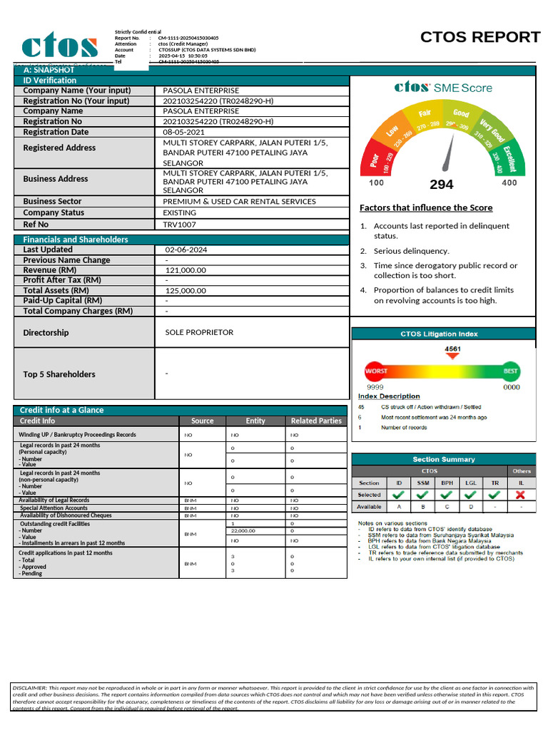 PE 443642601 CTOS SME Score Report Company Sample | PDF | Credit ...