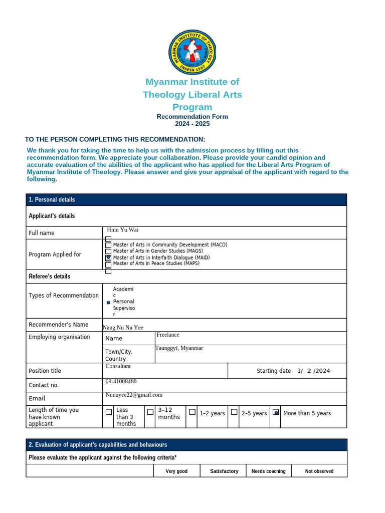 LAP MA RecommendationForm 2024 | PDF | Social Psychology | Cognition