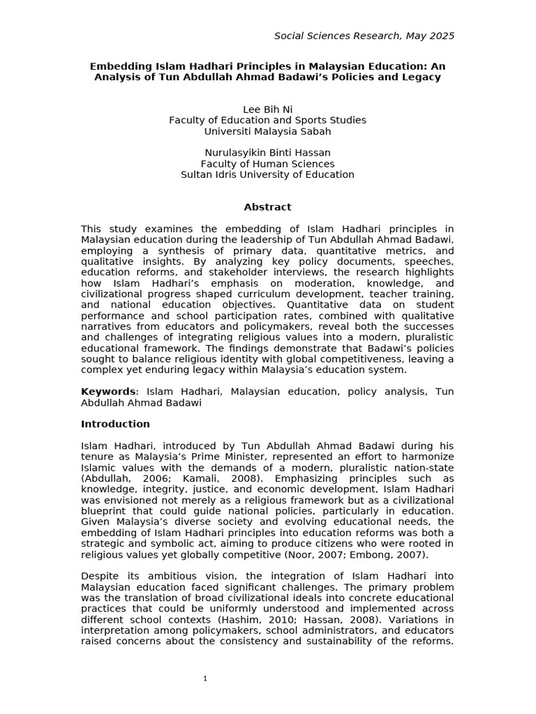Embedding Islam Hadhari Principles in Malaysian Education: An Analysis of Tun Abdullah Ahmad ...